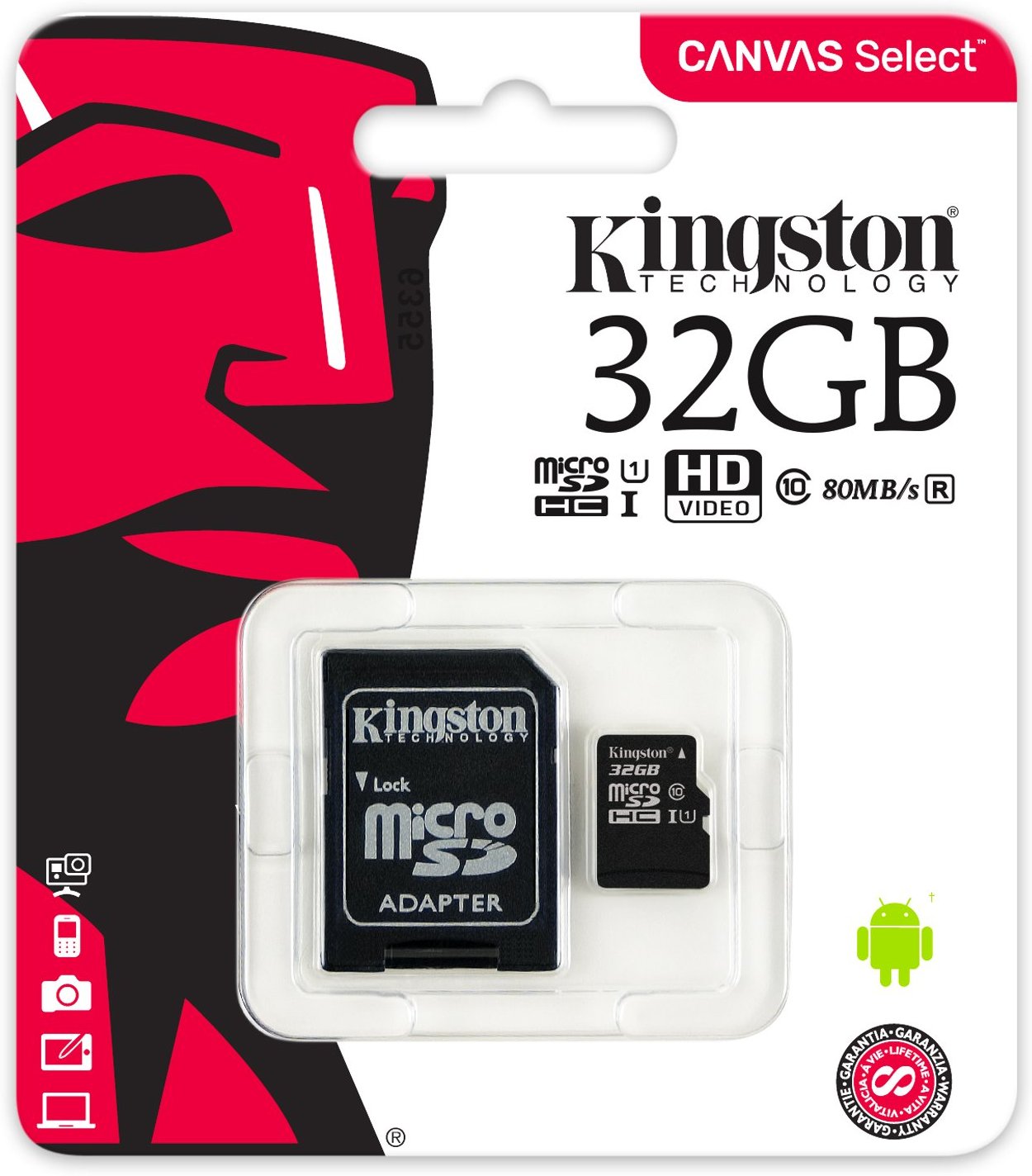 Kingston microSDHC Canvas Select 32GB + SD адаптер - SDCS/32GB