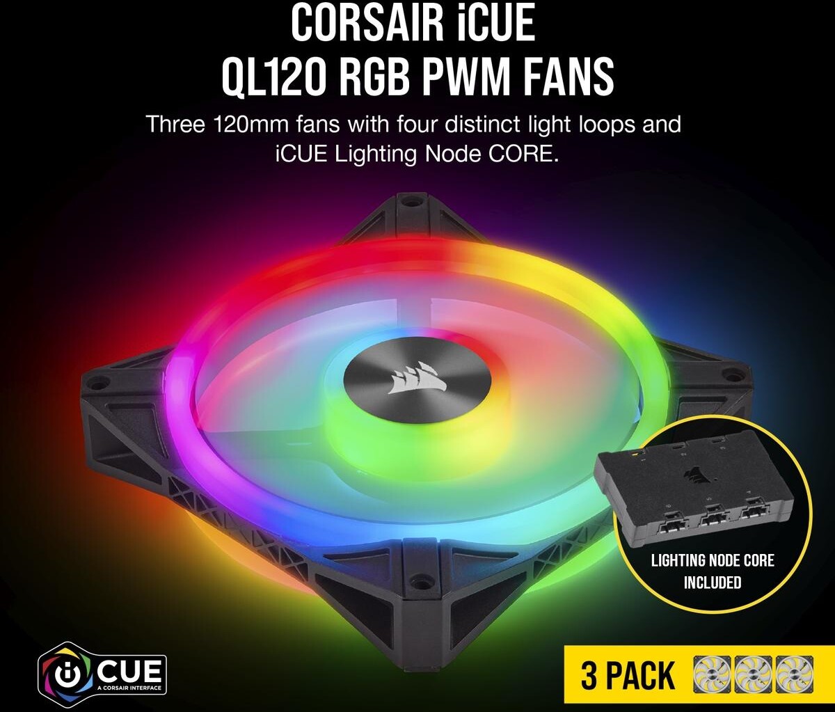 Вентилатори Corsair iCUE QL120 RGB PWM, 3 Fan комплект, с включен ...